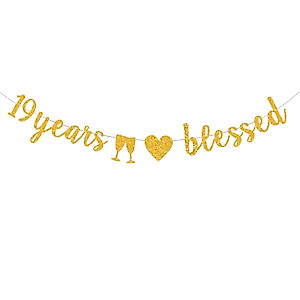 19 Years Blessed Gold Paper Sign Banner for Boy/Girl's 19th Birthday Party Supplies,Pre-Strung 19th Wedding Anniversary Party Decorations