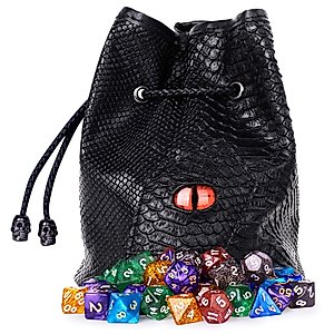 Large Dice Bag with 7 Complete Dice Sets | Black Dragon DND Dice Bag and 49 Polyhedral Dice | Green Satin Interior Lining | Man-Handles 150+ Dice