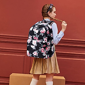 Backpack for Girls, Joyfulife Teen Backpacks Lightweight Kids Bookbags School Backpack with Lunch Box Pencil Case Travel Laptop Backpack Casual Daypacks Floral (Black)