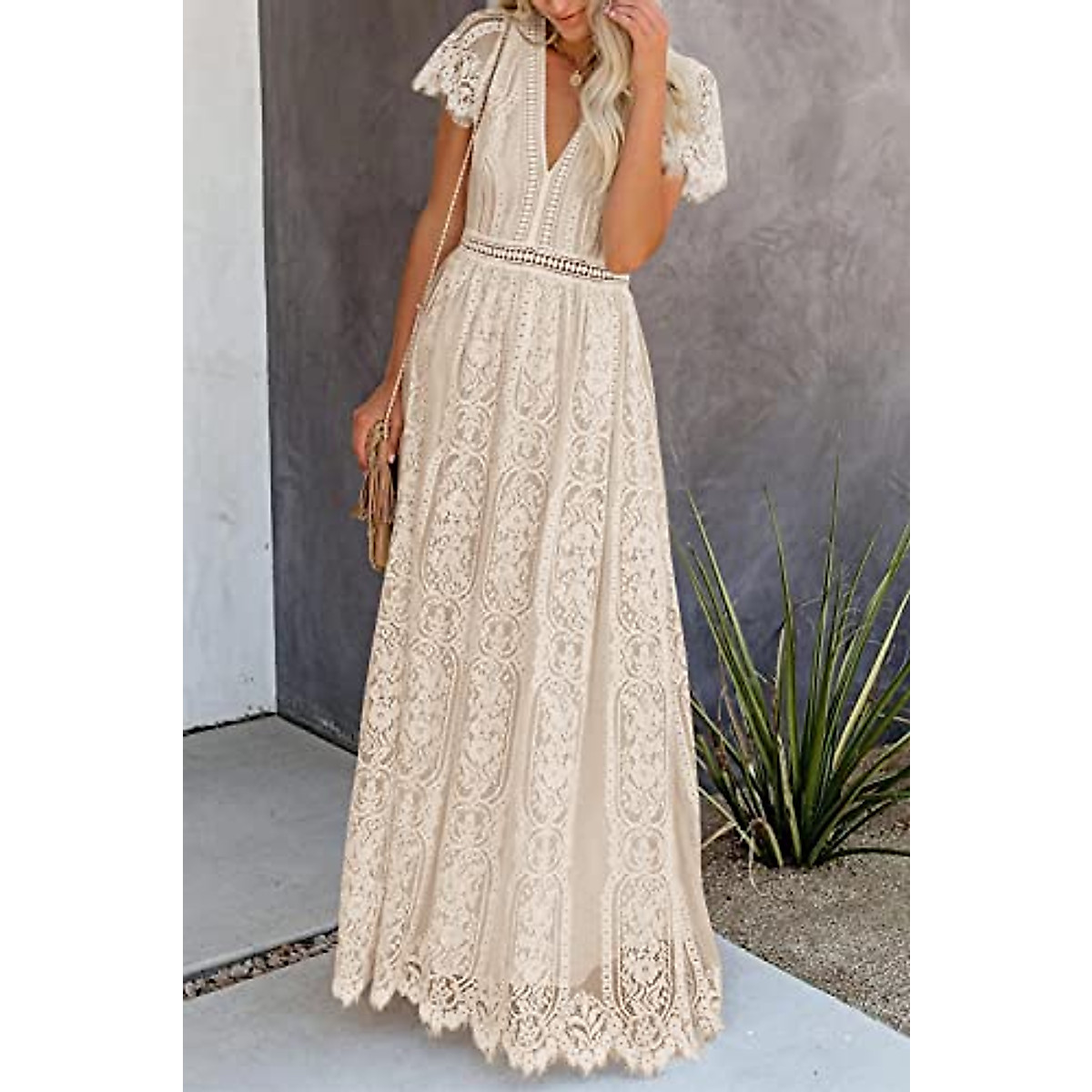 PRETTYGARDEN Women's Floral Lace Maxi Dress 2023 Short Sleeve V Neck Bridesmaid Wedding Evening Party Dresses (Apricot,Medium)