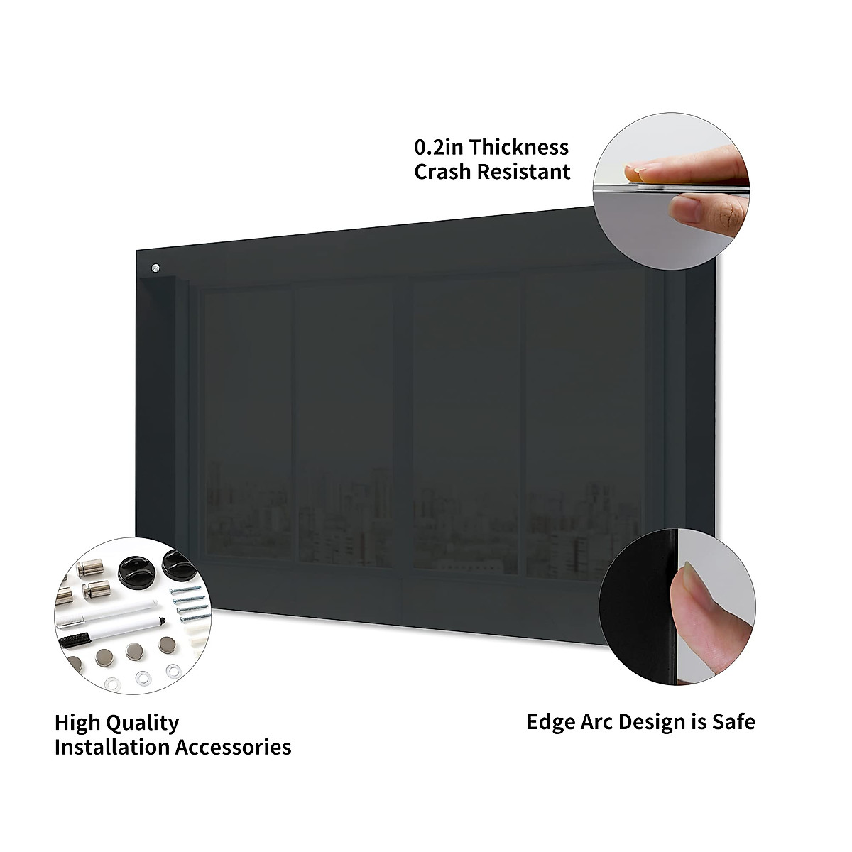 R&G Black Magnetic Dry Erase Board 4x3 Black Glass Dry Erase Board for Wall Black Glass Whiteboard with Eraser Marker (48” x 36”)