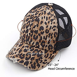 C.C Exclusives Washed Distressed Cotton Denim Criss-Cross Ponytail Hat Baseball Cap Bundle Hair Tie (BT-780)(BT-791) (A Elastic Band-Baby Leopard)