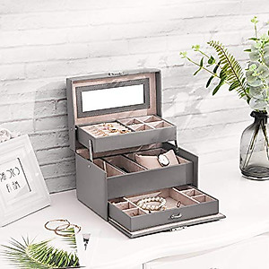 BEWISHOME Jewelry Box Organizer Jewelry Boxes for Women Girls Jewelry Organizer with Lock Mirror Jewelry Storage Case Holder Portable Travel Case Grey SSH77H
