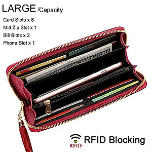 PIJUSHI Genuine Leather Wallets for Women Designer Floral Wristlet Wallet Ladies Clutch Purse with Tassel (20098 Red)