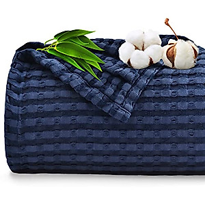 PHF Cooling Waffle Blanket, Queen Size, Lightweight, 60% Rayon from Bamboo & 40% Cotton, Breathable, Ultra Soft & Luxury, 90"x90", Blue