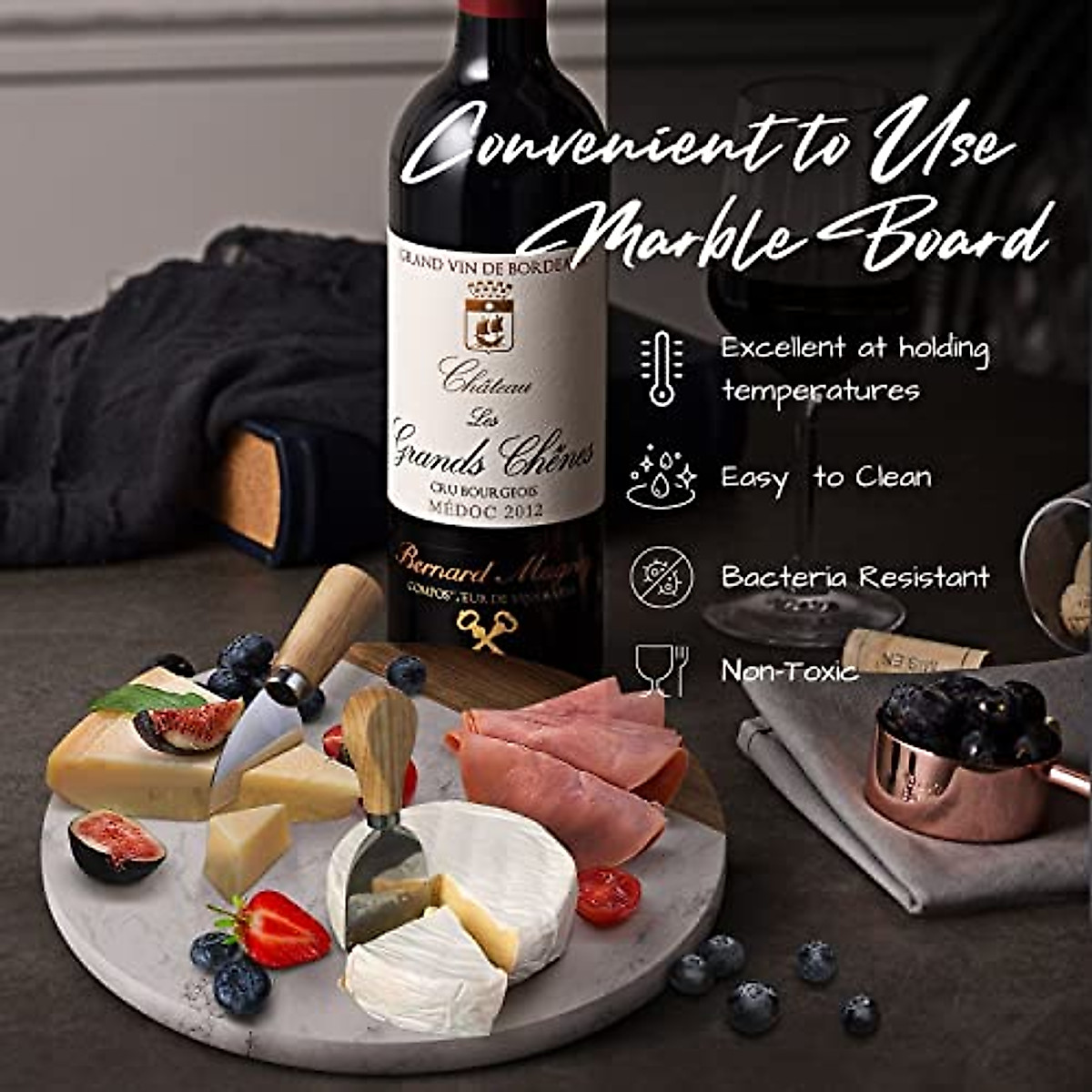 Flexzion Round Marble Cheese Board - 11 Inch White Marble and Wood Cheese Board for Charcuterie, Cheese, Cutting, Pastry, Trivet - Non-Stick and Heat Resistant Marble Board