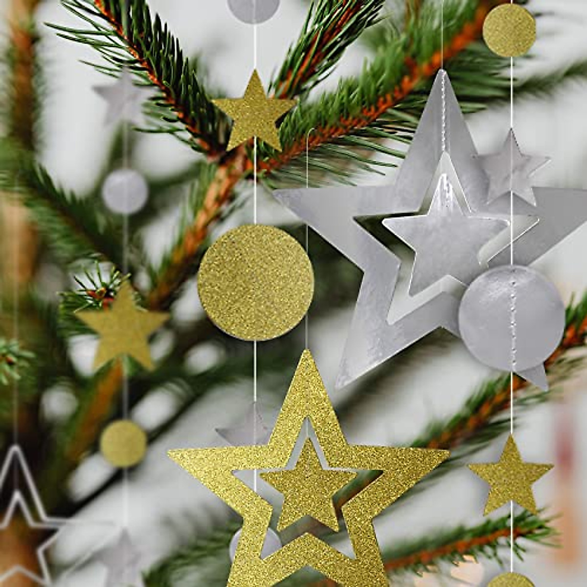 Glitter Circle Dot Garland Star Cutouts Decoration Ceiling Decorations Hanging Streamer Backdrop Banner for for Bulletin Board Classroom Wall Party Decoration Supply (Gold, Silver)