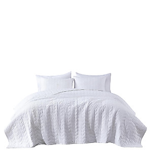 Chezmoi Collection Madrid 3-Piece Vintage Washed Solid Cotton Quilt and Shams Set (King, White)