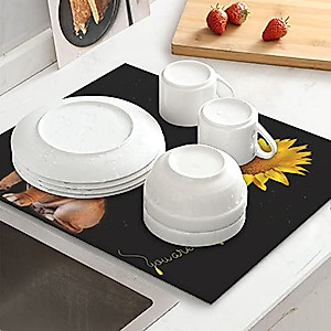 Funny Dog with Sunflower Printed Drying Mat For Kitchen Ultra Absorbent Microfiber Dishes Drainer Mats Non-Slip Silicone Quick Dry Pad - 18 X 16inch