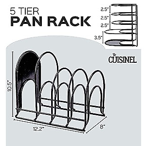 Heavy Duty Pan Organizer, 5 Tier Rack + Pan Scraper Tool - Holds up to 50 LB - Holds Cast Iron Skillets, Griddles and Shallow Pots - Durable Steel Construction - Kitchen Storage - No Assembly