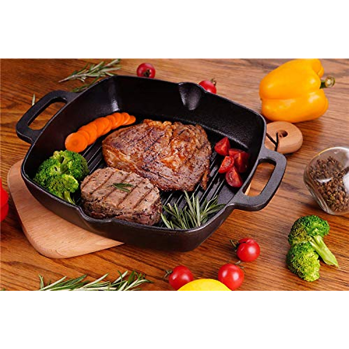 PR PeakRous Cast Iron Grill Pan Skillet Square for Stove Top and Oven with Two Silicone Handles 10 inch