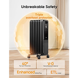 Dreo Oil Filled Radiator, Electric Radiant Heaters for indoor use Large Room with Remote Control, Child Lock, 4 Modes, Overheat & Tip-Over Protection, 24h Timer, Digital Thermostat, Quiet, 1500W