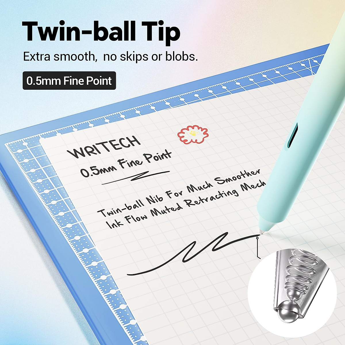 WRITECH Retractable Gel Ink Pens: 8ct Black Ink 0.5mm Fine Point Tip Pen Comfort Grip Smooth Writing with Aesthetic Gradient Color Barrel for Journaling Note Taking Sketching No Bleed & Smear