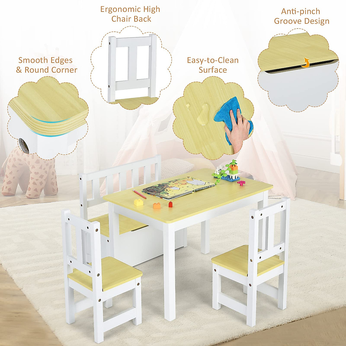 HONEY JOY Kids Table and Chair Set, Toddler Table and 2 Chairs Set w/Toy Storage Bench, 4-Piece Children Wooden Activity Table & Chair Set for Daycare Playroom, Gift for Boys Girls(Natural)