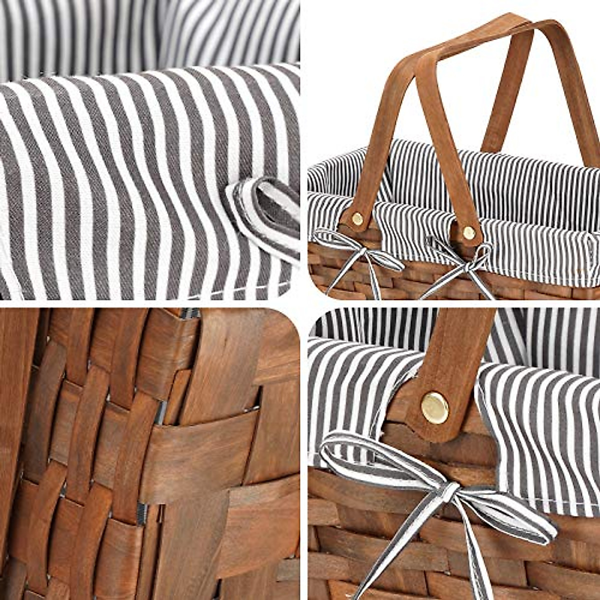 Woodchip Picnic Basket with Double Folding Handles, Natural Hand Woven Basket, Eggs Candy Basket for Easter, Kids Toy Storage Basket, Wedding Flower Girl Baskets for Valentine Day, Birthday, Grey