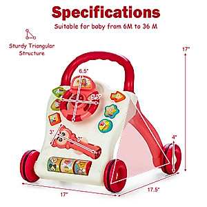 BABY JOY Sit to Stand Learning Walker, Baby Push Walker with Projector & Play Panel, Kids Early Education Activity Center with Lights & Sounds, Musical Walking Toys Gift for Toddler Boys Girls (Red)