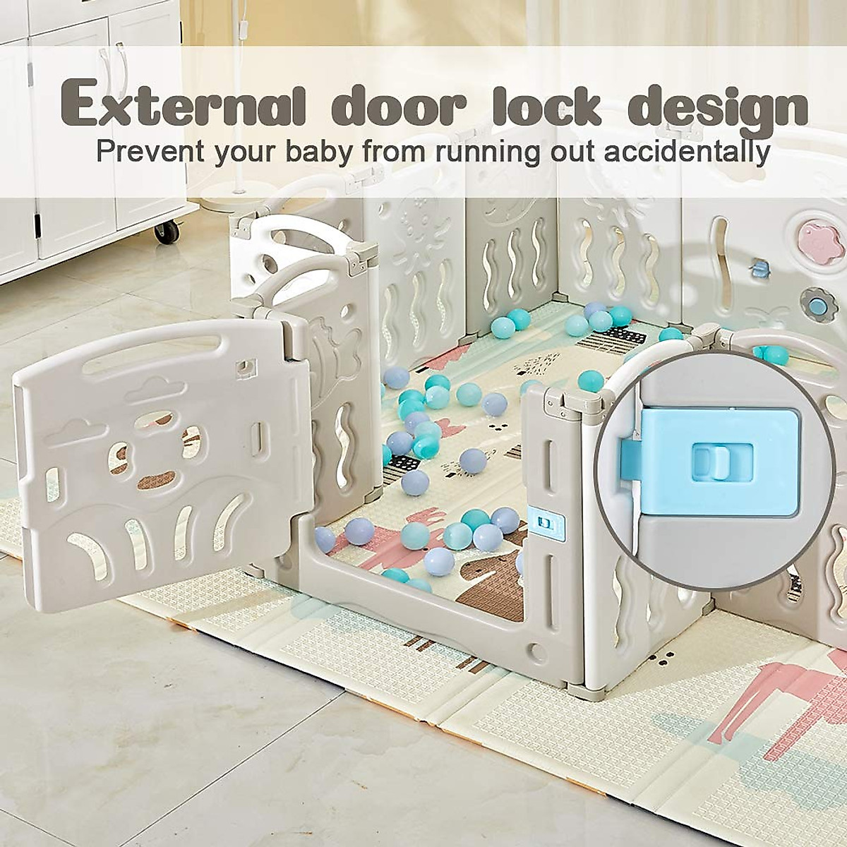 Albott Baby Playpen 14 Panels Foldable Kids Safety Play Yard - Game Panel and Gate with Safety Lock Adjustable Shape for Children Toddlers Indoors or Outdoors(Grey+White, 14 Panel)