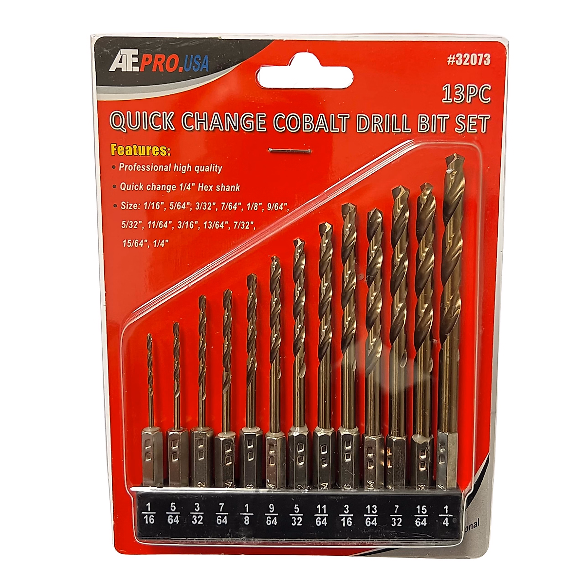 ATE Pro. USA - Cobalt Twist Drill Bit Set - 13 Pcs Hex Shank High Speed Steel for Stainless Steel, Sheet Metal, Wood, Plastic Plates, Aluminum Alloy, Quick Change, 1/16"-1/4" Professional | Industrial