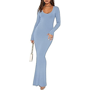 REORIA Women's Sexy Casual Scoop Neck Long Sleeve Lounge Long Dress Elegant Fall Wedding Guest Tight Ribbed Bodycon Maxi Dresses Blue Small