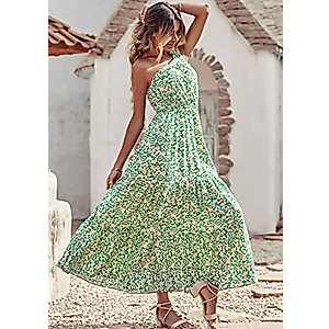 PRETTYGARDEN Women's Floral Maxi Dress 2023 Knot One Shoulder Sleeveless Ruffle Hem Flowy Boho Dresses(Green White,Large)