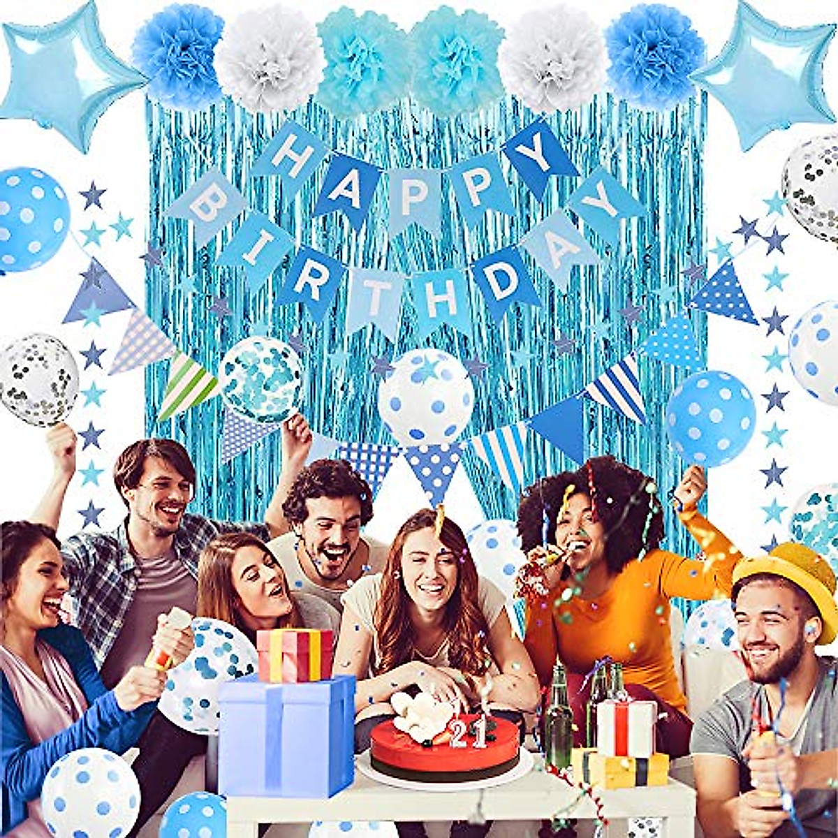 Light Blue Birthday Decorations, Blue Birthday Party Decorations with Tissue Pom Pom flowers, Happy Birthday Banner, Confetti Balloons, Foil Fringe Curtain, Happy Birthday Party Supplies for Men Women Boys Girls - Light Blue and White