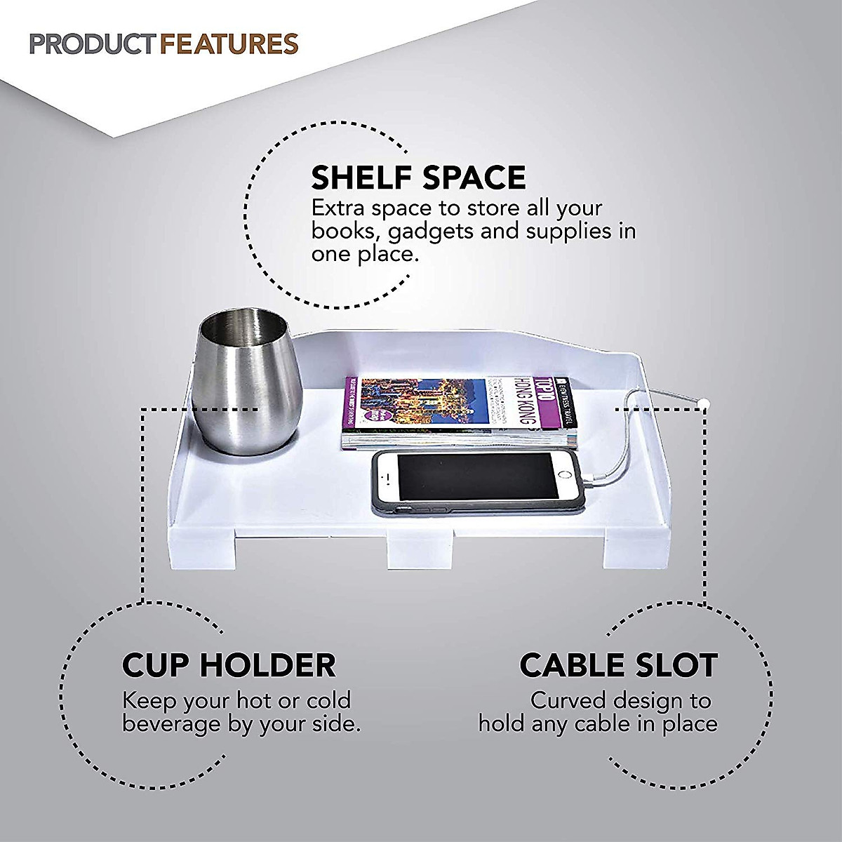 Modern Innovations Bedside Shelf for Bed, College Dorm Room, Bunk Bed Shelf/Caddy for Top Bunk, Clip On Nightstand Tray with Cord and Cup Holder for Table Storage (White)