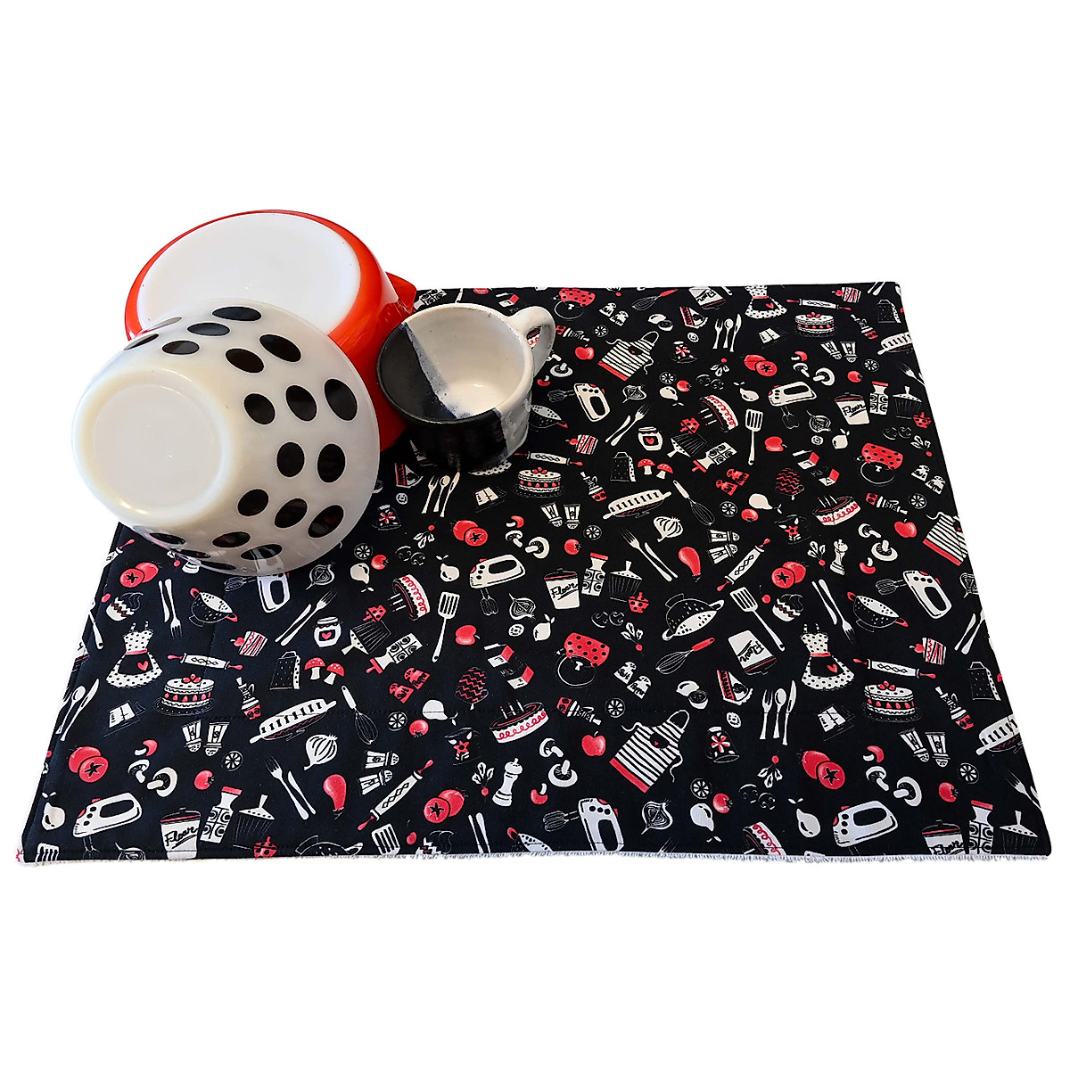 Dish Drying Mat - Coffee Station Mat - Pet Placemat - Appliance Mat - Kitchen Mat - Kitchen Tools in Red, Black and Cream - 16 x 20 Inches - Handmade by Green Acorn Kitchen