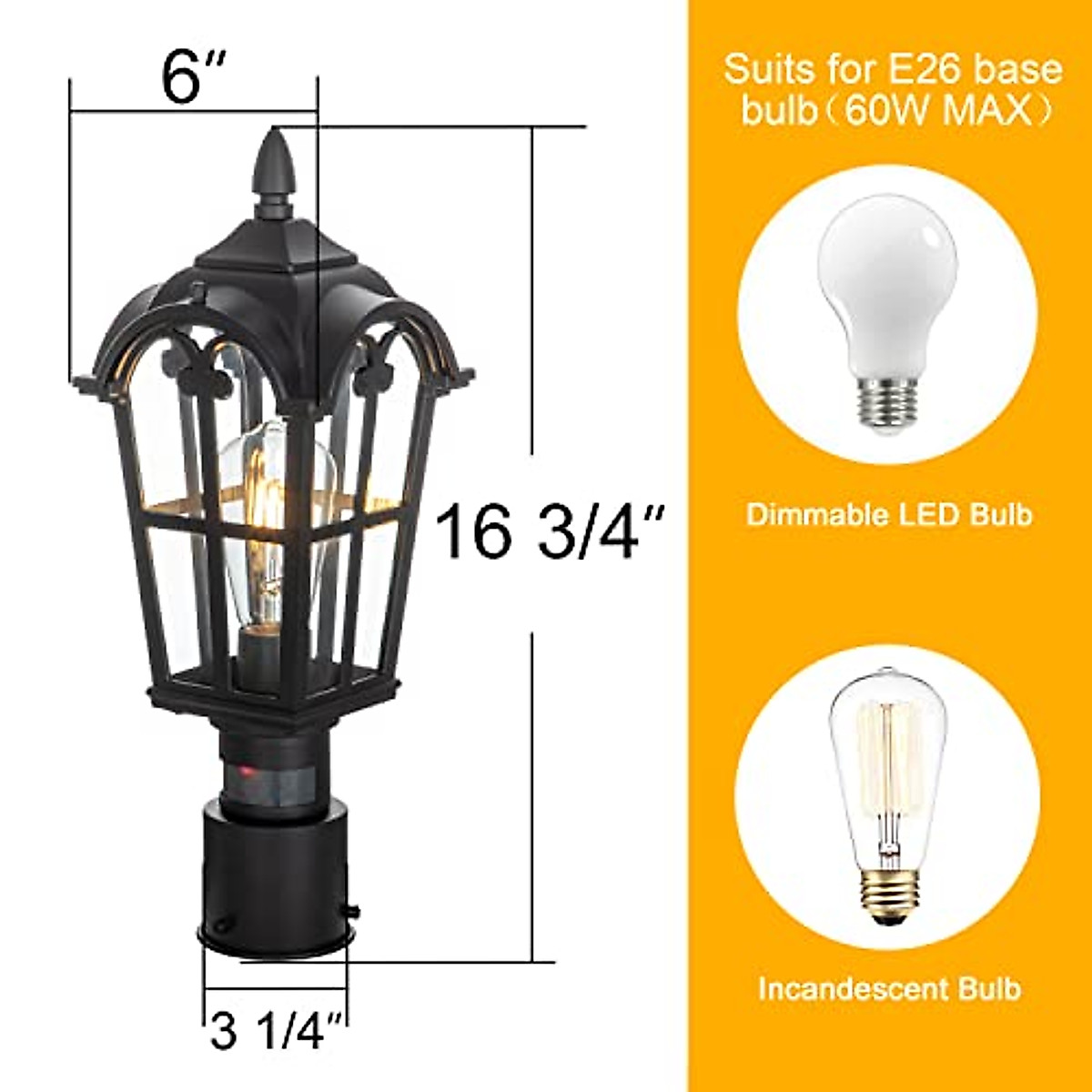 Dusk to Dawn Motion Sensor Outdoor Post Lights Exterior lamp Post Light Fixture, Waterproof Pole Lanern Black with Clear Tempered Glass for Garage Patio Garden Front Door