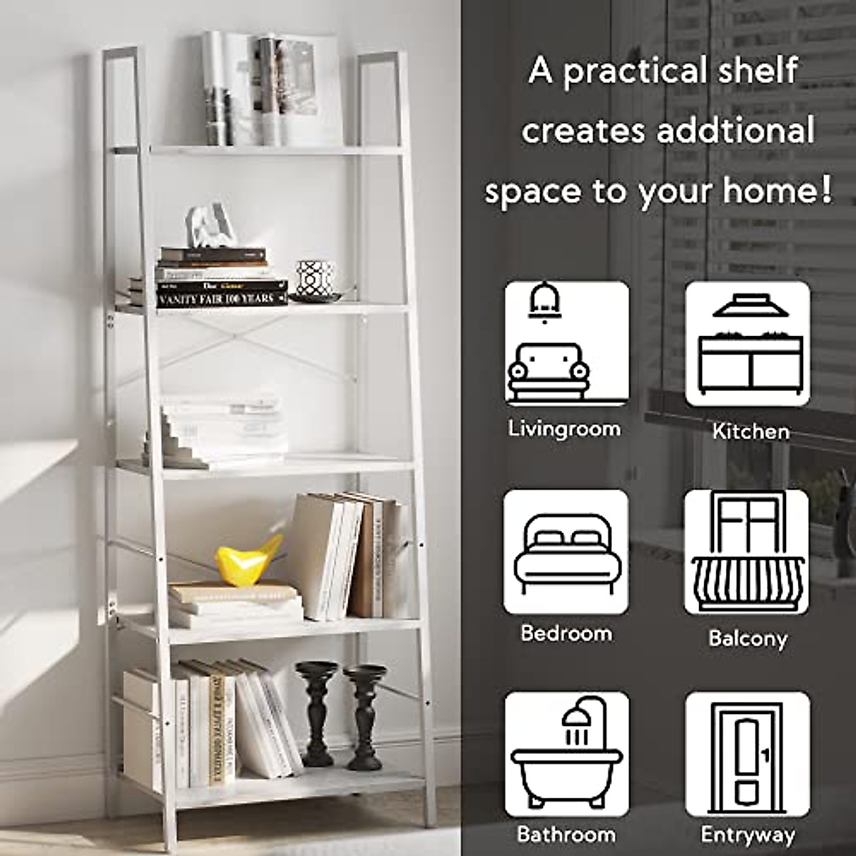 Yusong Ladder Shelf,Industrial 5-Tier Bookshelf,Free Standing Bookcase,Utility Organizer Shelves for Plant Flower,Wood Look Accent Furniture with Metal Frame for Home Office, (White)