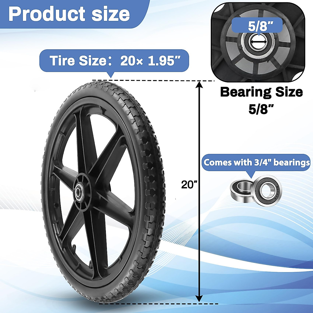 20x1.95" Flat Free Wheels Compatible with rubbermaid Wheelbarrow Wheels, 20" Flat Free Tires with 5/8" Bearing & 3/4" Bearing Replacement for rubbermaid Cart Wheels/Big Wheel Utility Carts-2PCS