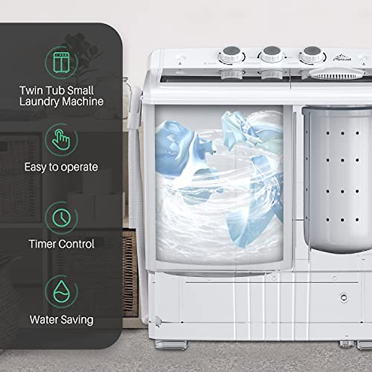 TOREAD Compact Twin Tub Portable Washing Machine 21lbs Capacity, Mini Washer(14.4lbs)&Spiner(6.6lbs), Built-in Drain Pump, Semi-Automatic