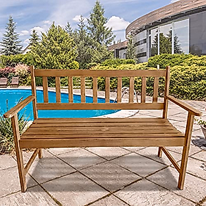 Dkeli Wood Bench Outdoor Bench Porch Bench with Armrests, Acacia Wooden Patio Park Garden Backyard Pool Balcony Furniture, 705lbs Weight Capacity, Natural Oiled