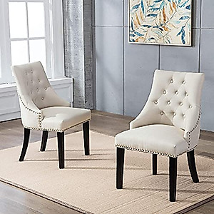 DAGONHIL Fabric Dining Chairs Set of 2 Tufted Dining Room Chairs Upholstered Kitchen Chairs, Accent Chairs with Black Solid Wood Legs, Nailed Trim (Beige)