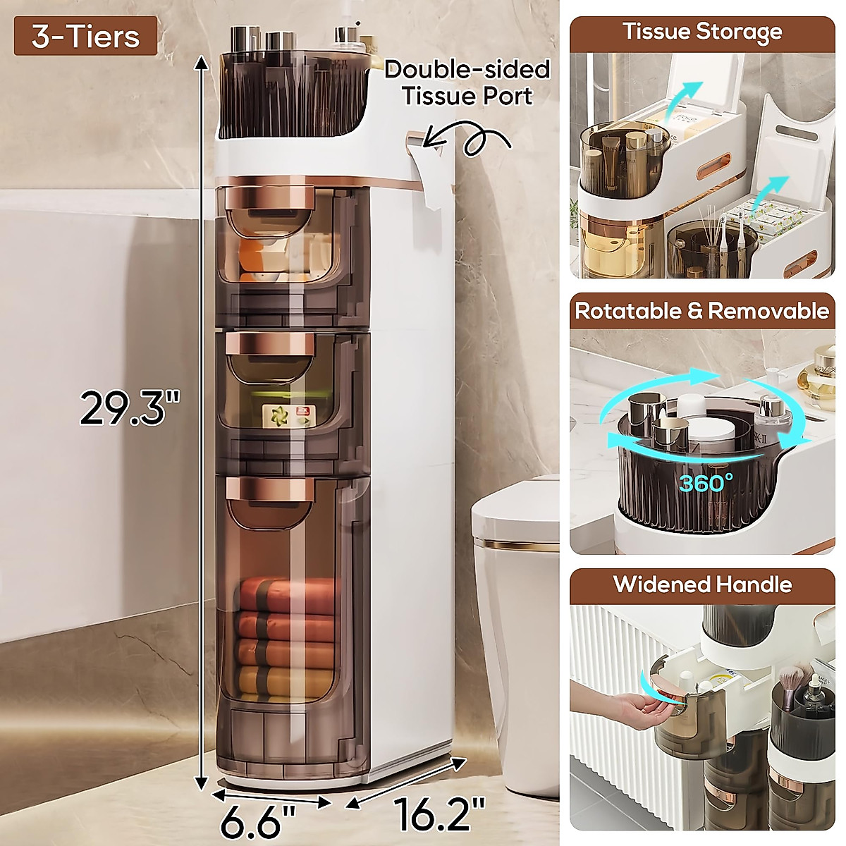 3 Drawers Slim Bathroom Storage Cabinet, Narrow Floor Cabinet with Wheels Toilet Paper Holder, Waterproof Bathroom Storage Organizer for Small Spaces, Kitchen, Laundry, Office, Bedroom, Out of The Box