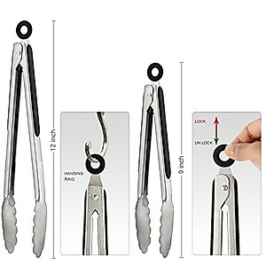 Hotec Stainless Steel Kitchen Tongs Set of 2 - 9" and 12", Locking Metal Food Tongs Non-Slip Grip
