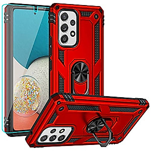 YZOK Case for Samsung Galaxy A53 Case,with HD Screen Protector, [Military Grade] Ring Car Mount Kickstand Hybrid Hard PC Soft TPU Shockproof Protective Case for Samsung A53 (Red)