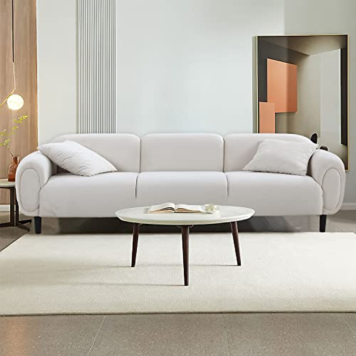 WILLIAMSPACE 84" Velvet Sofa Couch for Living Room, Modern Mid-Century Luxury 3 Seater Sofa with 2 Throw Pillows, Back Upholstered Sofa Couch for Home, Office, Apartment, Bedroom - Beige