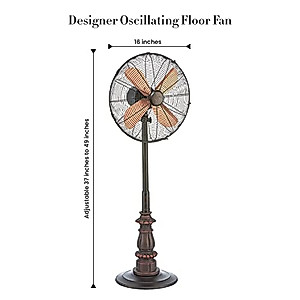 DecoBREEZE Pedestal Standing Fan, 3 Speed Oscillating Fan with Adjustable Height, Kipling, Antique Fan, 16 inches