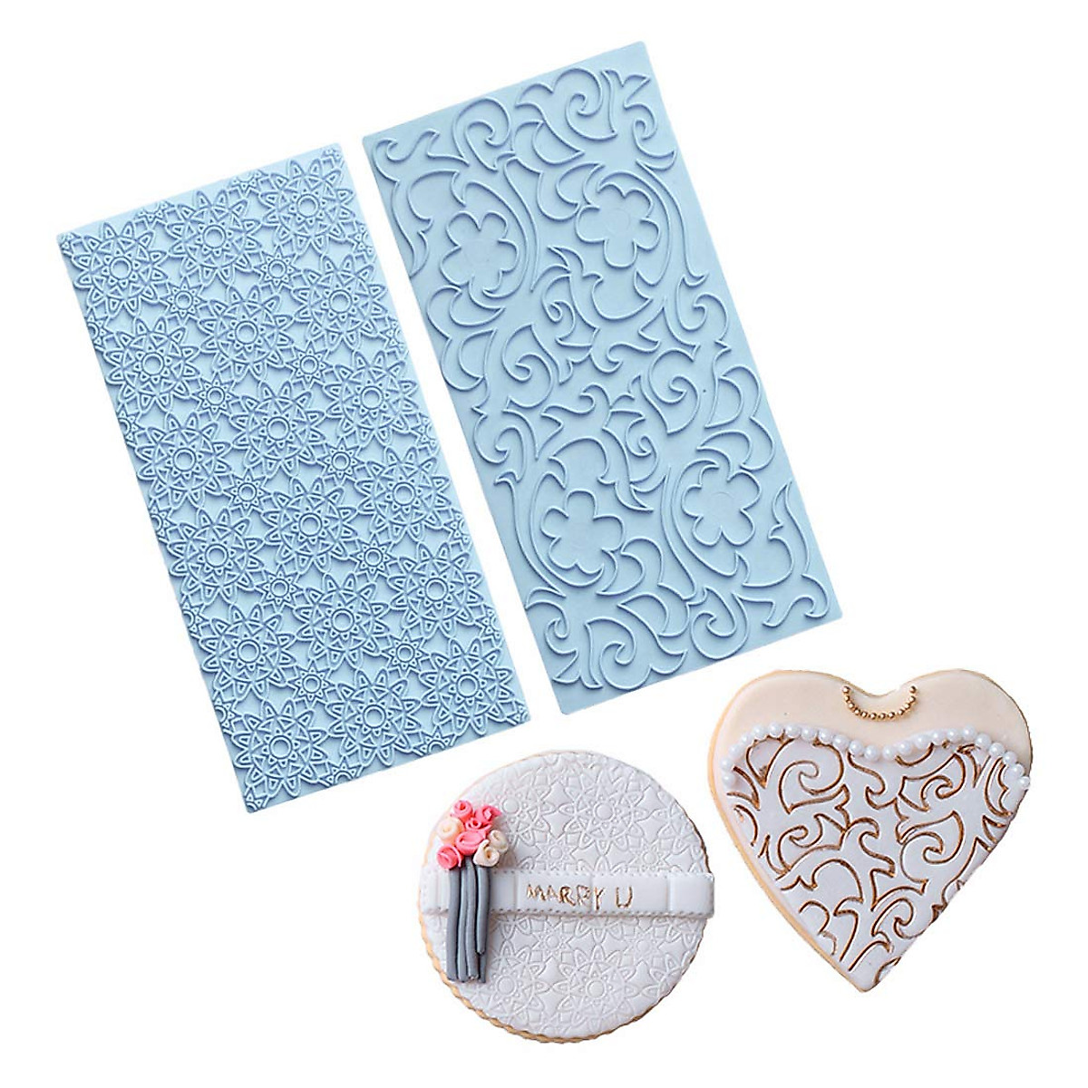 JOERSH 6 Pack Fondant Impression Mat Wood Fondant Mold Set, Embossed Tree Bark/Brick Wall/Flower/Cobblestone/Stone Wall Texture Design Mold for Chocolate Cupcake Topper Wedding Cake