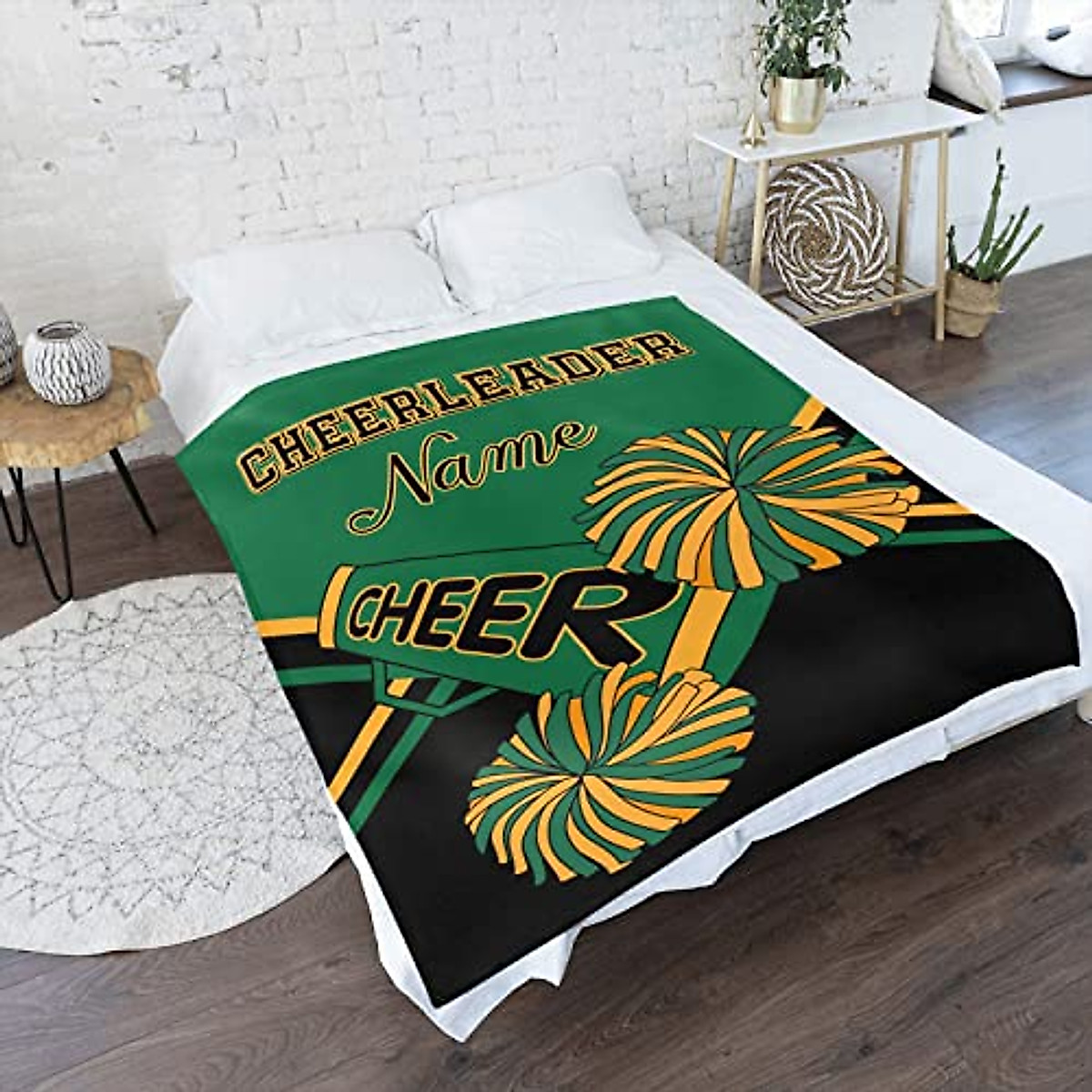 Cheerleader Green Gold& Black Personalized Blanket with Name Soft Fleece Throw Blankets for Men Women Birthday Wedding Gift 60X80 inch