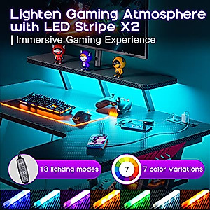 MOTPK L Shaped Gaming Desk with LED Lights, Corner Gaming Computer Desk 47inch with Power Outlets, Gaming Table with PC Storage Shelf, Gamer Desk with Monitor Shelf, Carbon Fiber Texture, Black