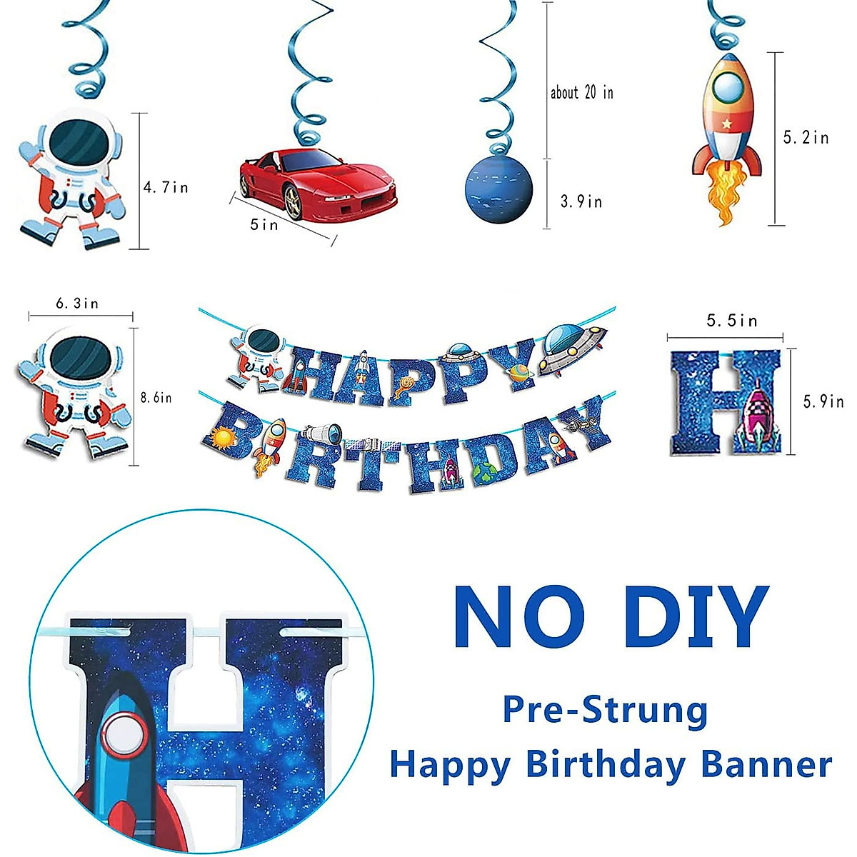 Kids Space Birthday Party Decorations - Blue Astronaut Spaceship Theme Happy Birthday Banner Hanging Solar System Spiral Planet Card Children's Gifts Cake Insert Supplies Set
