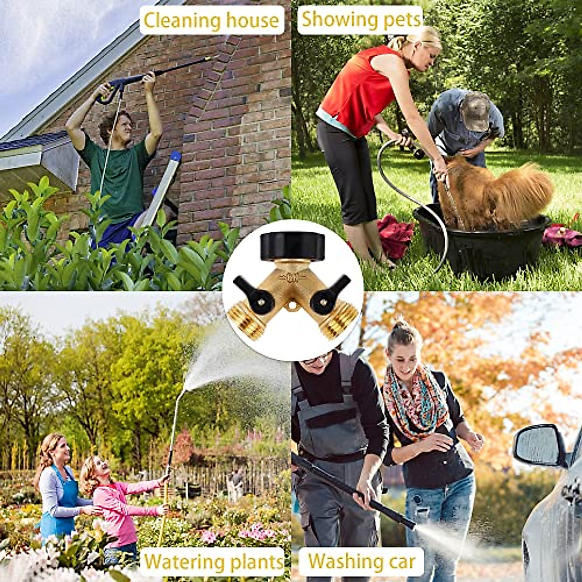 Biswing 2 Pack Garden Hose Splitter 2 Way, Heavy Duty Brass Connector Tap Splitter, Y Splitter 2 Valves with 4 Extra Rubber Washers