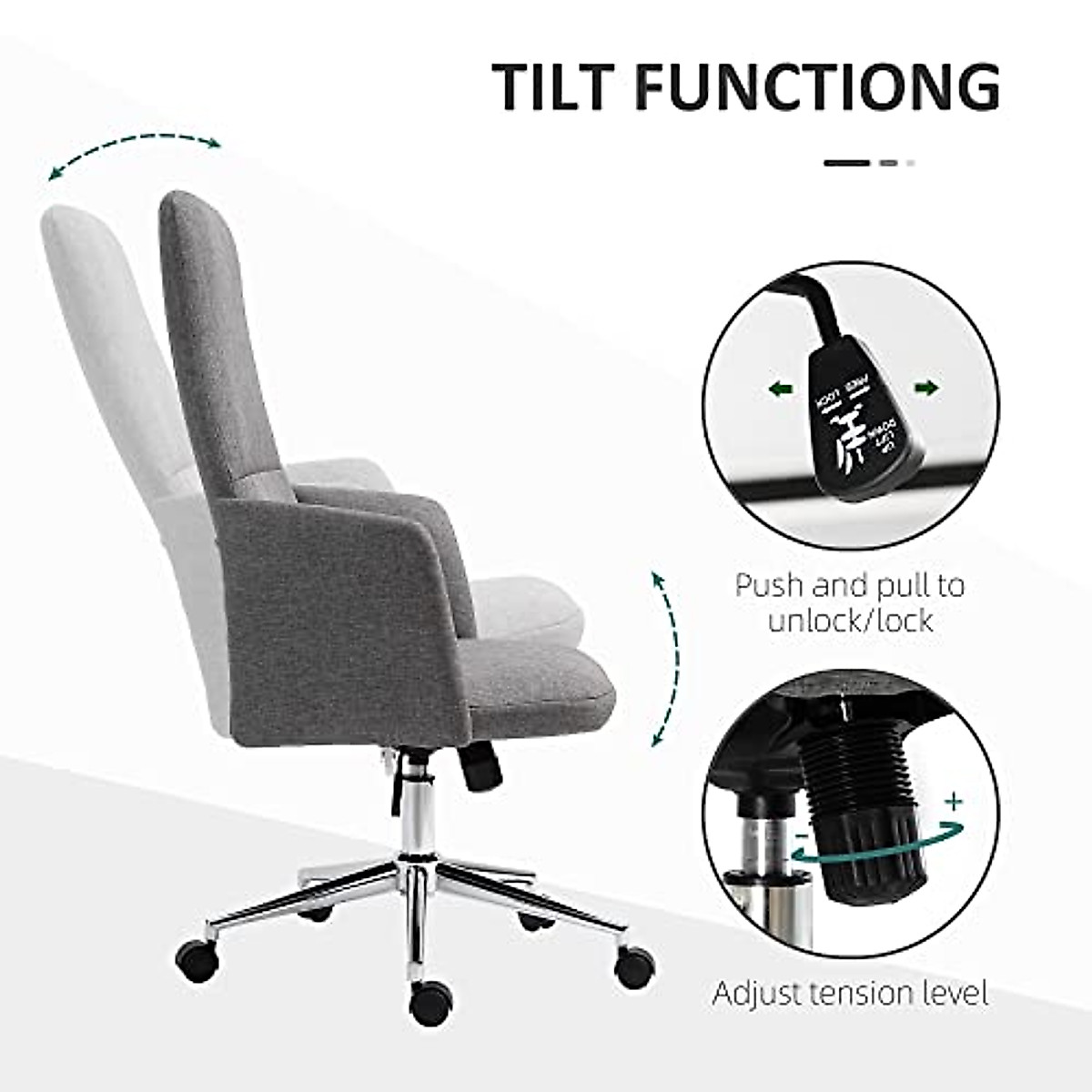 Vinsetto High Back Office Chair Breathable Fabric Computer Home Rocking Seat with Swivel Wheels, and Padded Arms, Grey