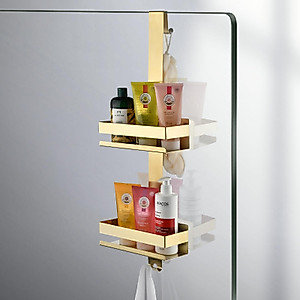Hiendure Shower Caddy Over Shower Door, Gold Brushed, 2 Tier Shower Hanging Shelf Storage Organizer with Hooks No Drilling for Indoor Shower, Bathroom, Bedroom, Kitchen