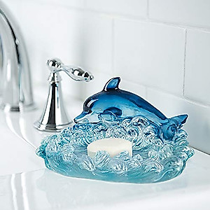 Allure Home Creation Jump for Joy Dolphin 4-Piece Bathroom Accessory Set-Resin Lotion Dispenser, Toothbrush Holder, Soap Dish and Plastic Wastebasket