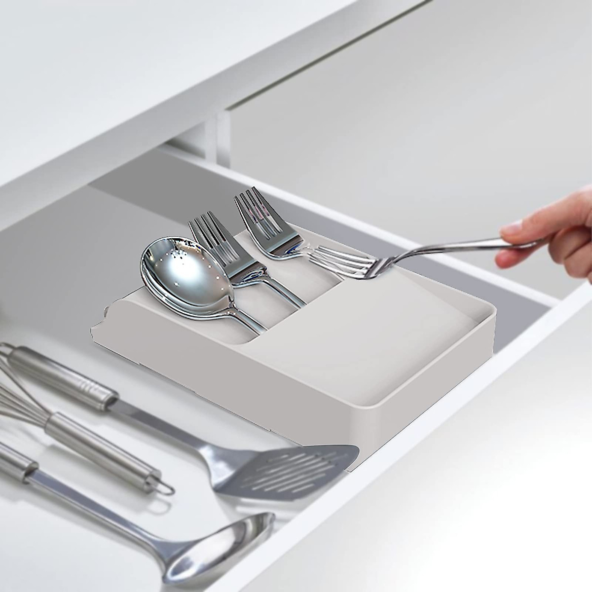 Coonice Cutlery Holder with Drip Tray Drawer, Flatware Organizer Sink Tidy Caddy Separable Parts Drawer Organizers Ivory White