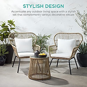 Best Choice Products 3-Piece Patio Conversation Bistro Set, Outdoor All-Weather Wicker Furniture for Porch, Backyard w/ 2 Wide Ergonomic Chairs, Cushions, Glass Top Side Table - Tan