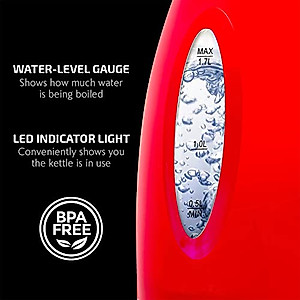 Ovente Electric Kettle 1.7 Liter Hot Water Boiler LED Light, 1100 Watt BPA-Free Portable Tea Maker Fast Heating Element with Auto Shut-Off and Boil Dry Protection, Brew Coffee & Beverage, Red KP72R