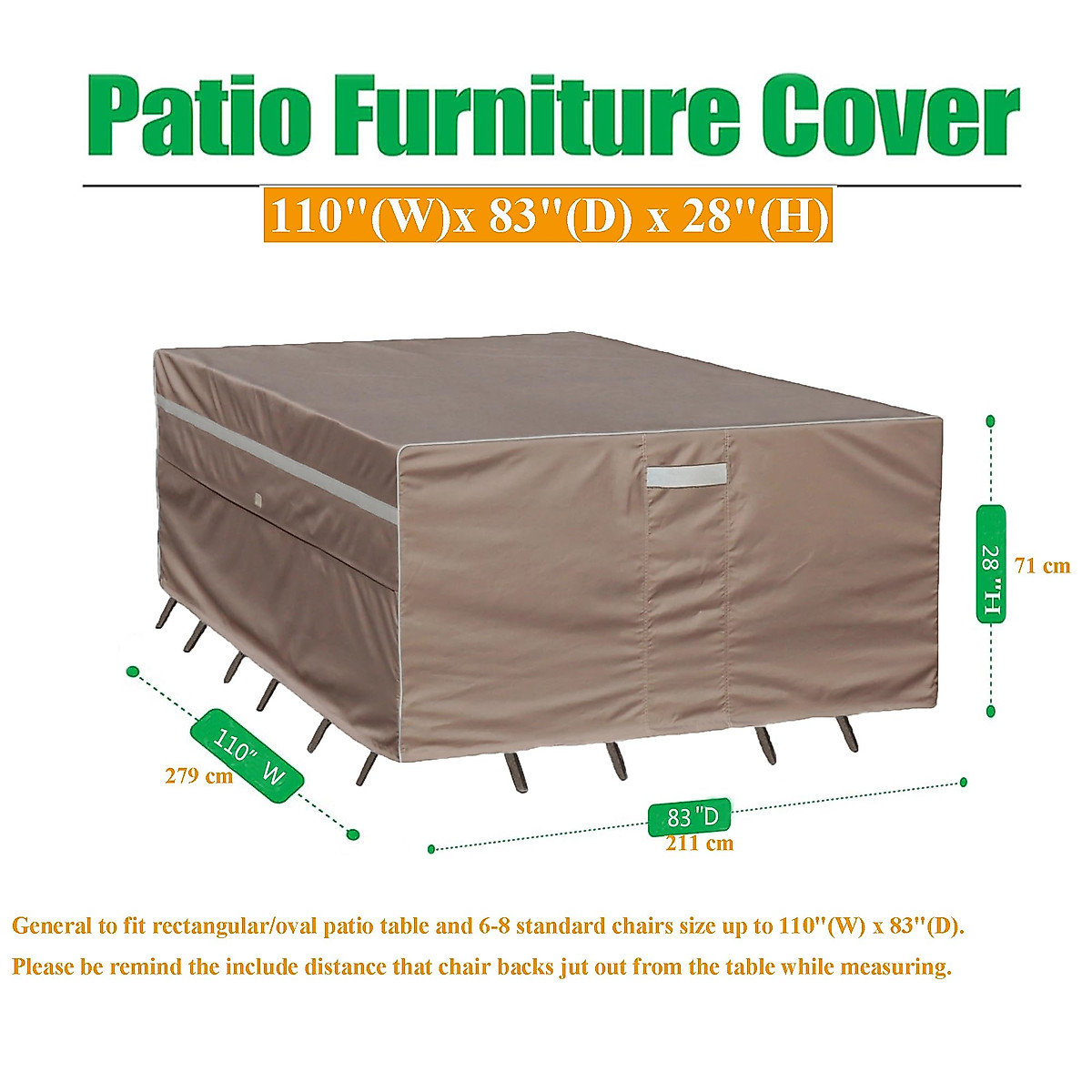 Garden Balsam Heavy Duty Waterproof Patio Furniture Covers,Fade Resistant Outdoor Table and Chair Covers Rectangular 110" Wx 83" D x 28" H Brown